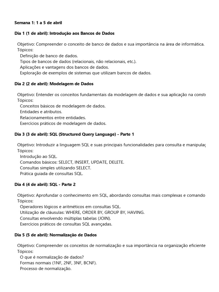 Plano de Aula Banco de Dados | Download grátis PDF | SQL | Bancos de dados