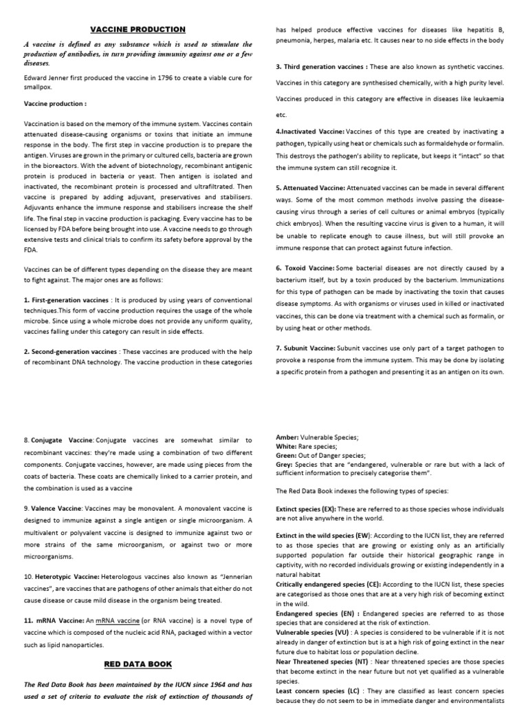 Vaccine Production and Red Data Book | PDF | Vaccines | Endangered Species