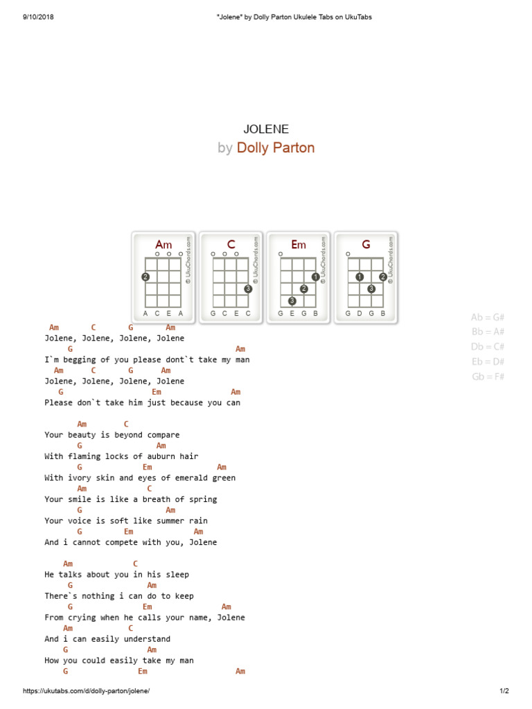 Jolene - by Dolly Parton Ukulele Tabs On UkuTabs | PDF | Number One Singles | Songs Written