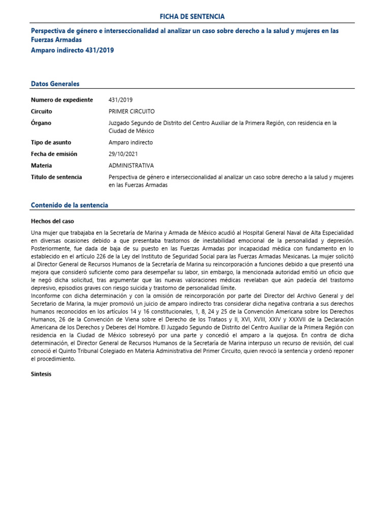 Ficha Sentencia 431-2019 03-04-2024 | PDF | Sentencia (ley) | Depresión ...