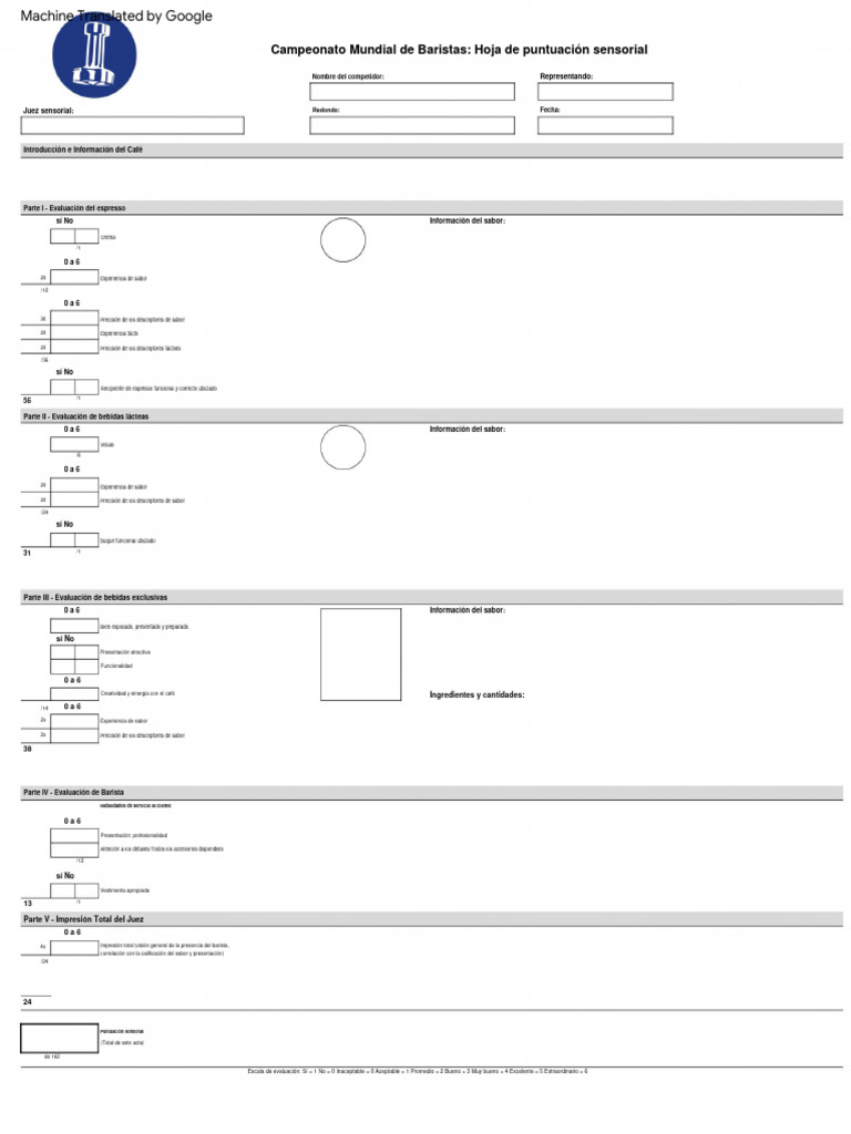 2022 WBC Sensory Scoresheet | PDF | Bebidas no alcohólicas | Bebida