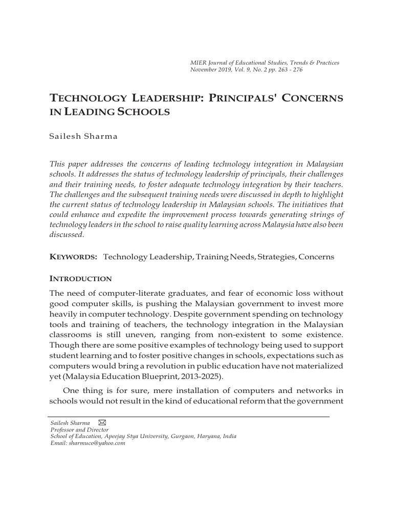 Technology Leadership Principals' Concerns in Leading Schools | PDF ...