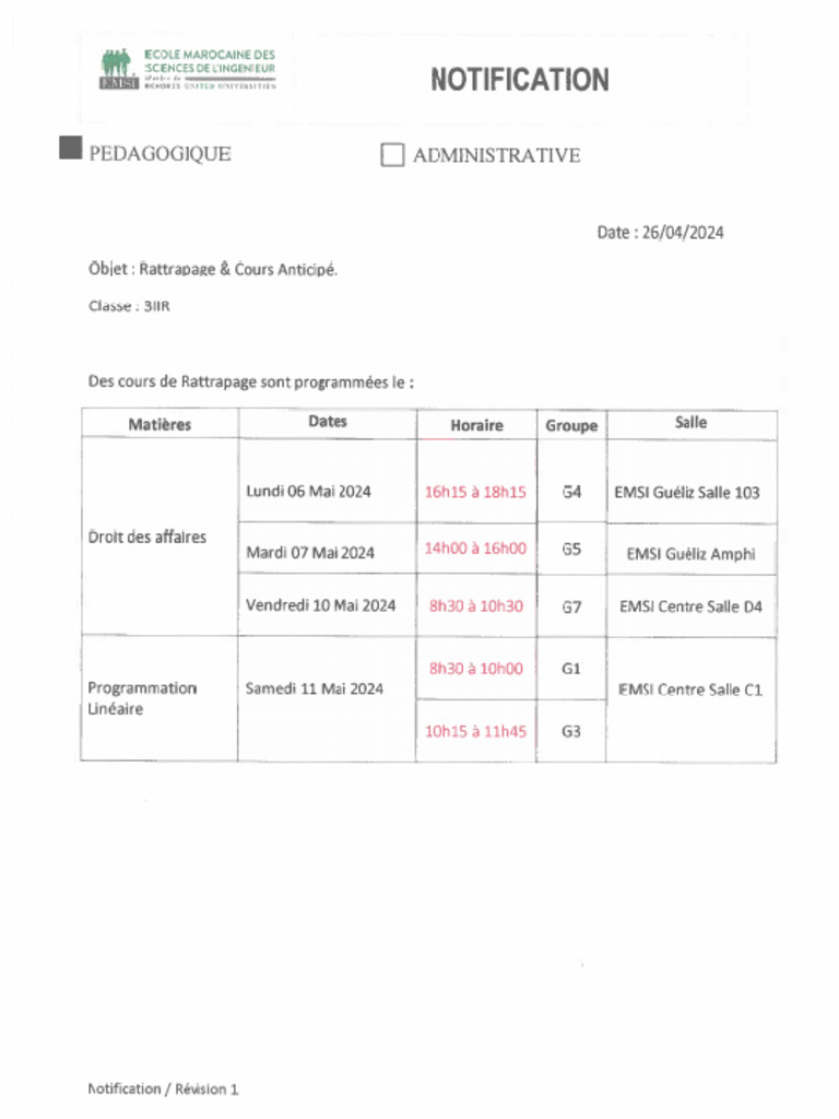 Rattrapage & Cours Anticipé 3IIR | PDF
