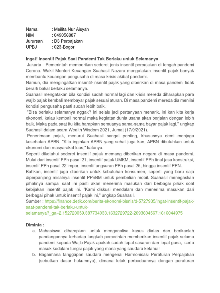 Tugas 1 - Lab. PPH I - Meilita Nur Aisyah - 049056887 | PDF | Pengelolaan Keuangan & Uang