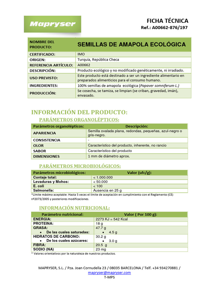 FICHA TECNICA A00662 Semillas de Amapola Ecologica | PDF | Industria de ...