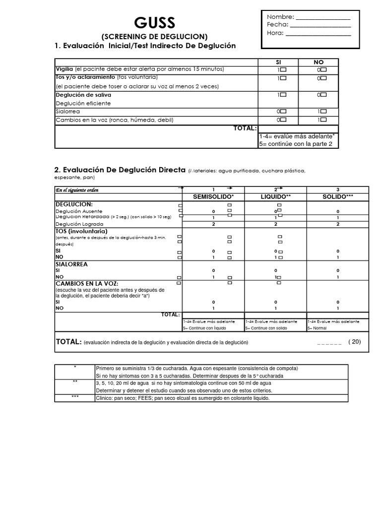 Evaluación de Deglución: GUSS y Resultados | PDF | Medicina CLINICA ...