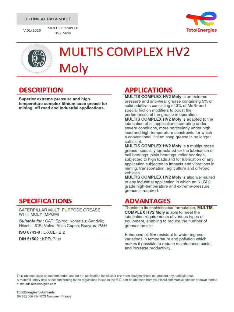 TDS_TotalEnergies_MULTIS COMPLEX HV2 MOLY_LSO_202307_EN (2) | PDF | Lubricant | Bearing (Mechanical)
