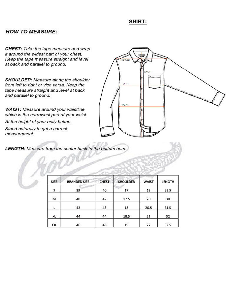 Size Chart Crocodile | PDF | Seam (Sewing) | Softlines (Retail)