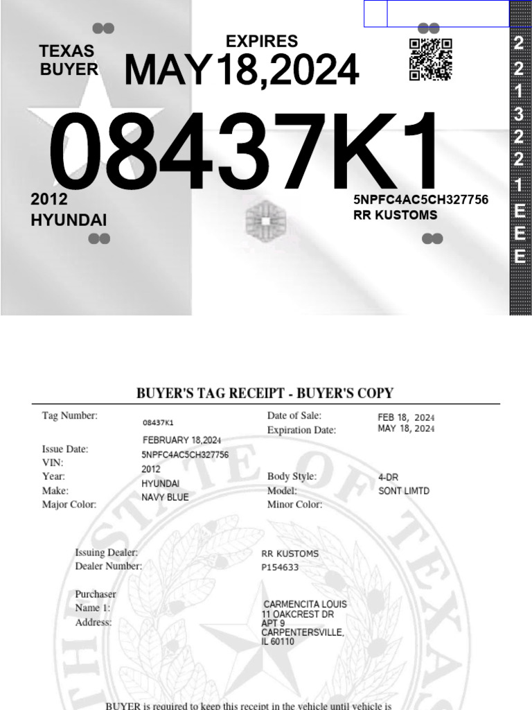 Texas Buyer's Tag Receipt 2024 | PDF | Transport | Automotive Technologies