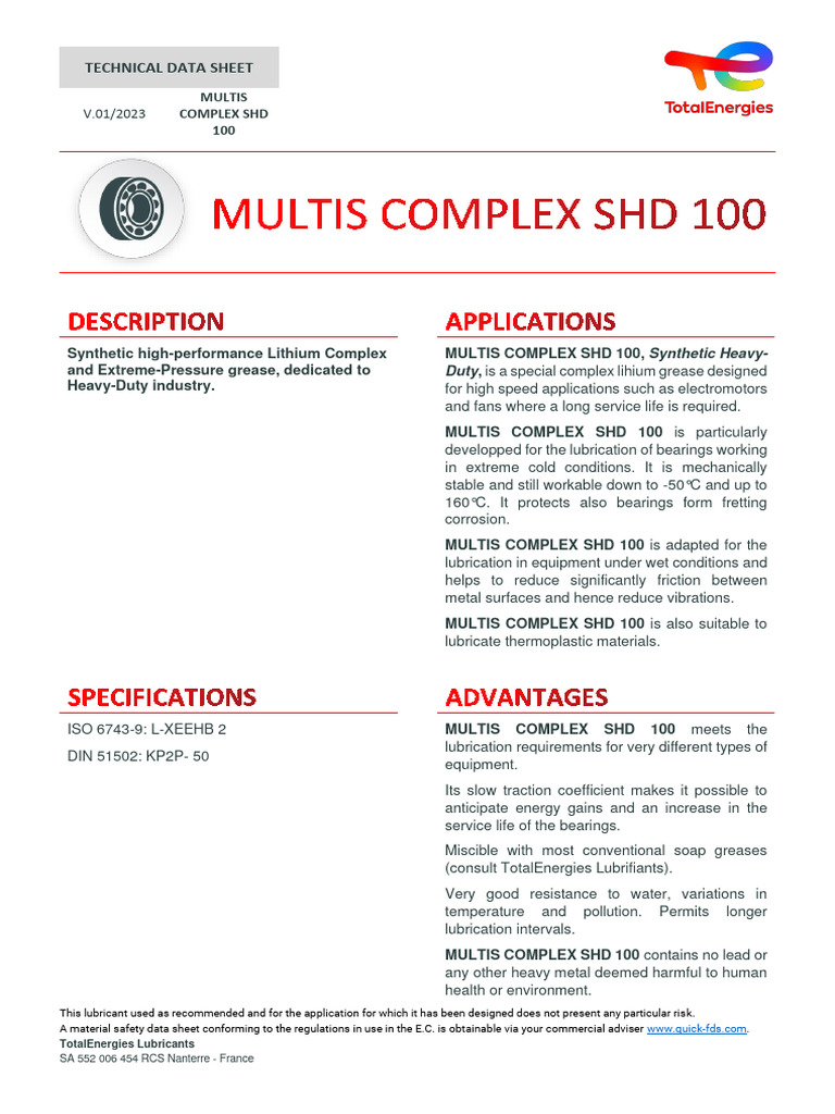 Multis Complex SHD 100 Technical Data | PDF | Lubricant | Bearing ...