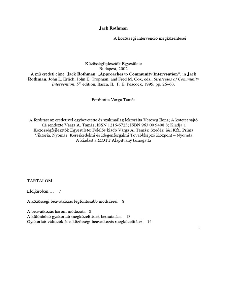 Jack Rothman - A Közösségi Intervenció Megközelítései | PDF