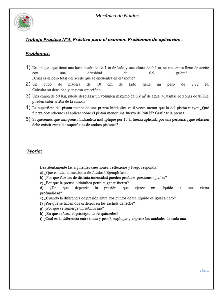 TP N°4 - Práctica para El Examen - Mecánica de Fluidos | PDF