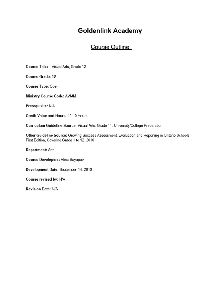 Grade 12 Visual Arts Course Outline | PDF | Educational Assessment ...