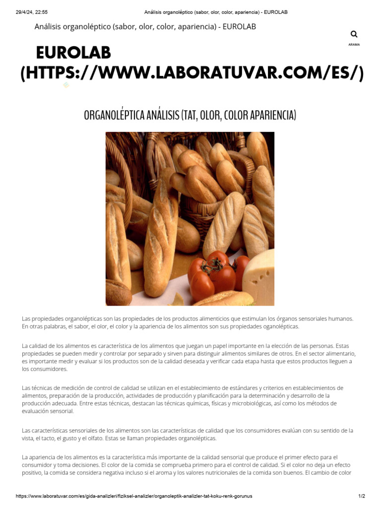 Análisis Organoléptico (Sabor, Olor, Color, Apariencia) - EUROLAB | PDF | Alimentos