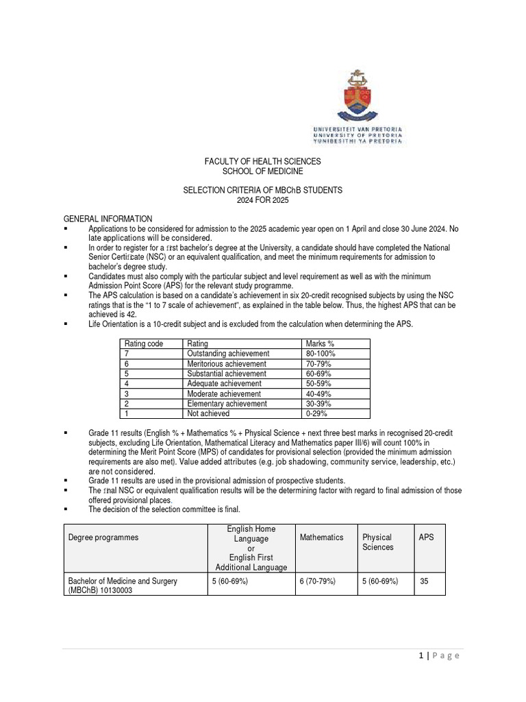 2024 For 2025 Selection of MBCHB Students - zp248810 | PDF | Academic ...