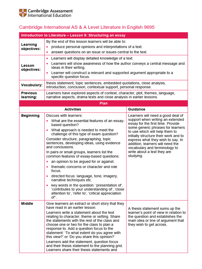 Lesson 9 Structuring An Essay Pdf Essays Learning