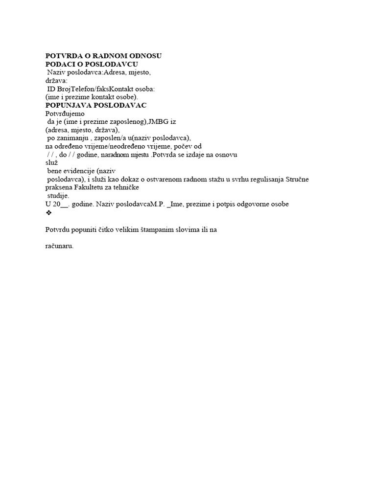 Potvrda o Radnom Odnosu | PDF