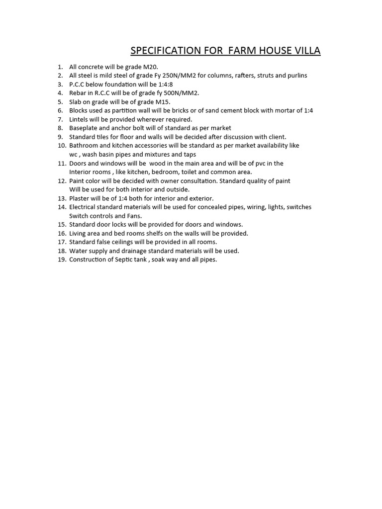 SPECIFICATION FOR FARM HOUSE VILLA | PDF