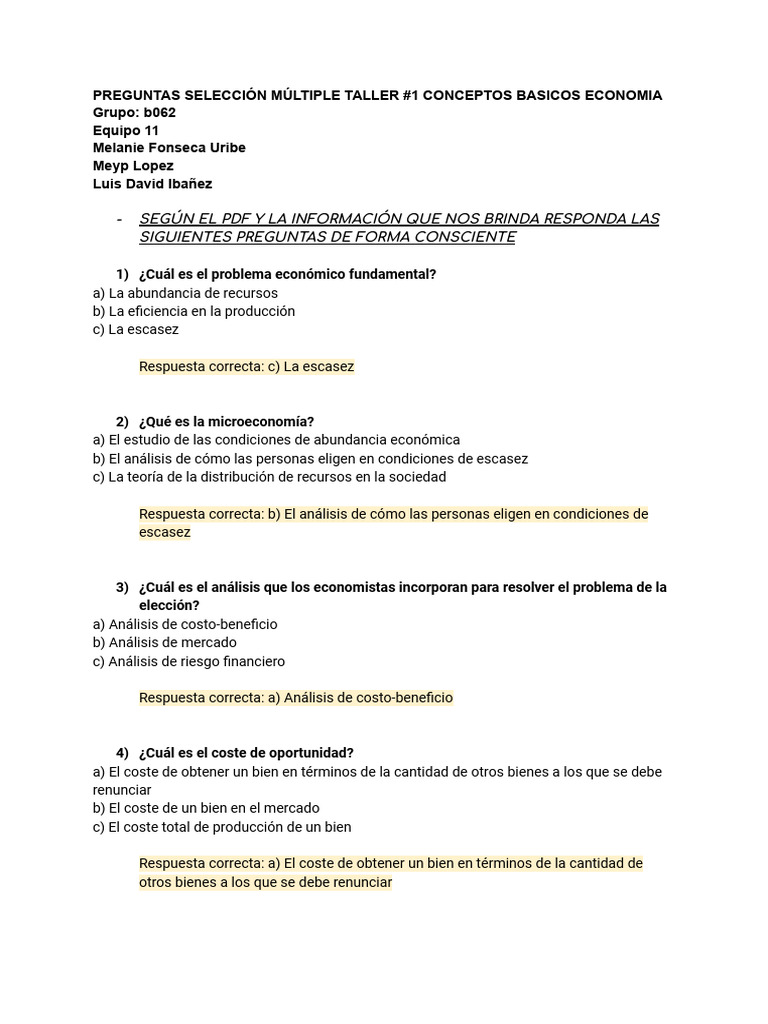Preguntas Selección Múltiple Taller #1 Conceptos Basicos Economia | PDF | Ciencias económicas ...