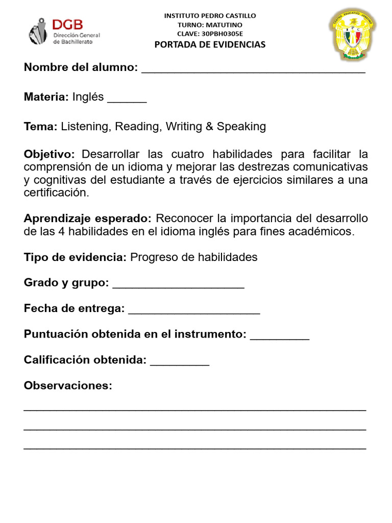 Evidence 1. Listening, Reading, Writing & Speaking 1er. Sem | PDF ...