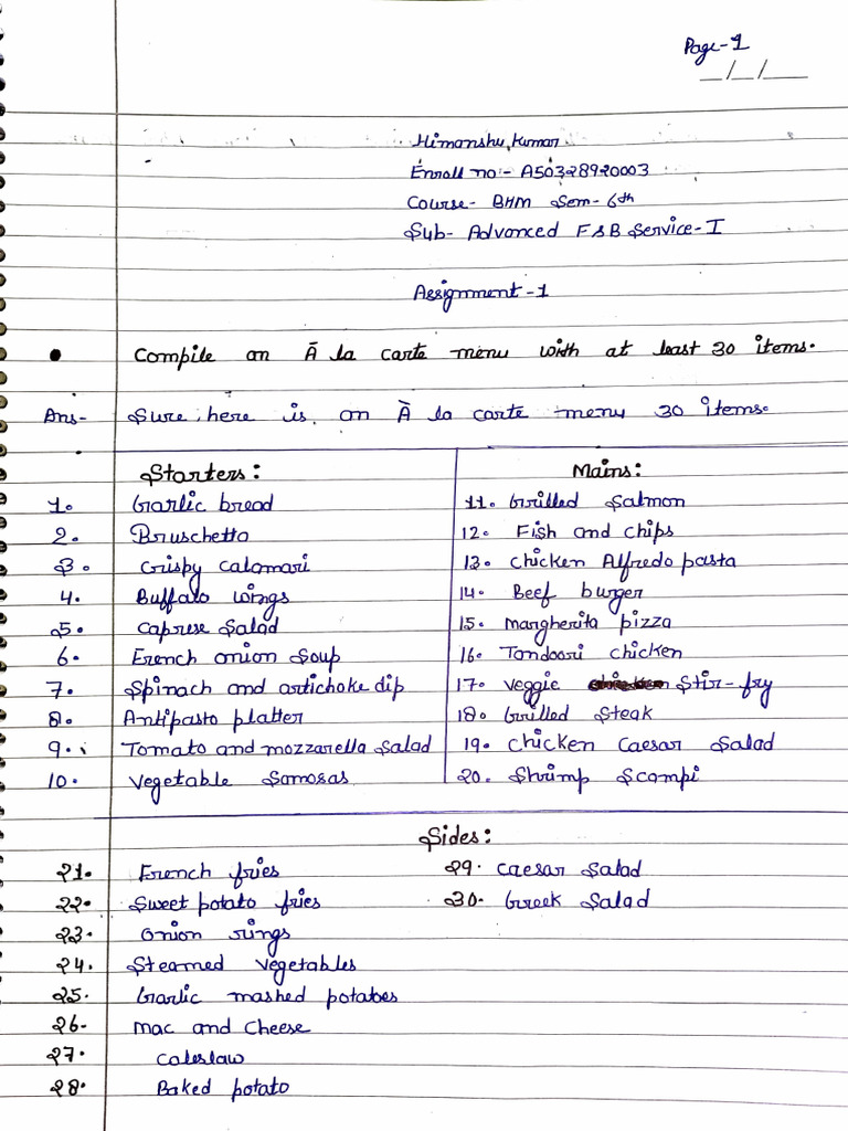 Himanshu Kumar (Advance F&B Service - 1) Assignment | PDF