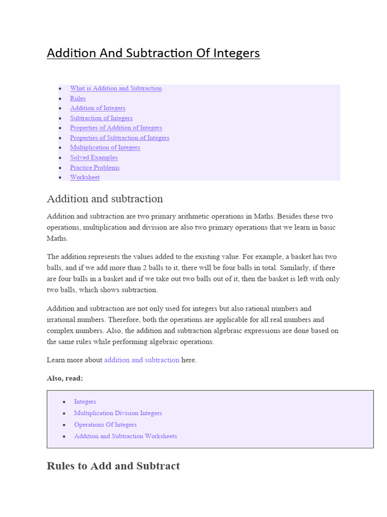 Addition and Subtraction of Integers | PDF | Numbers | Multiplication