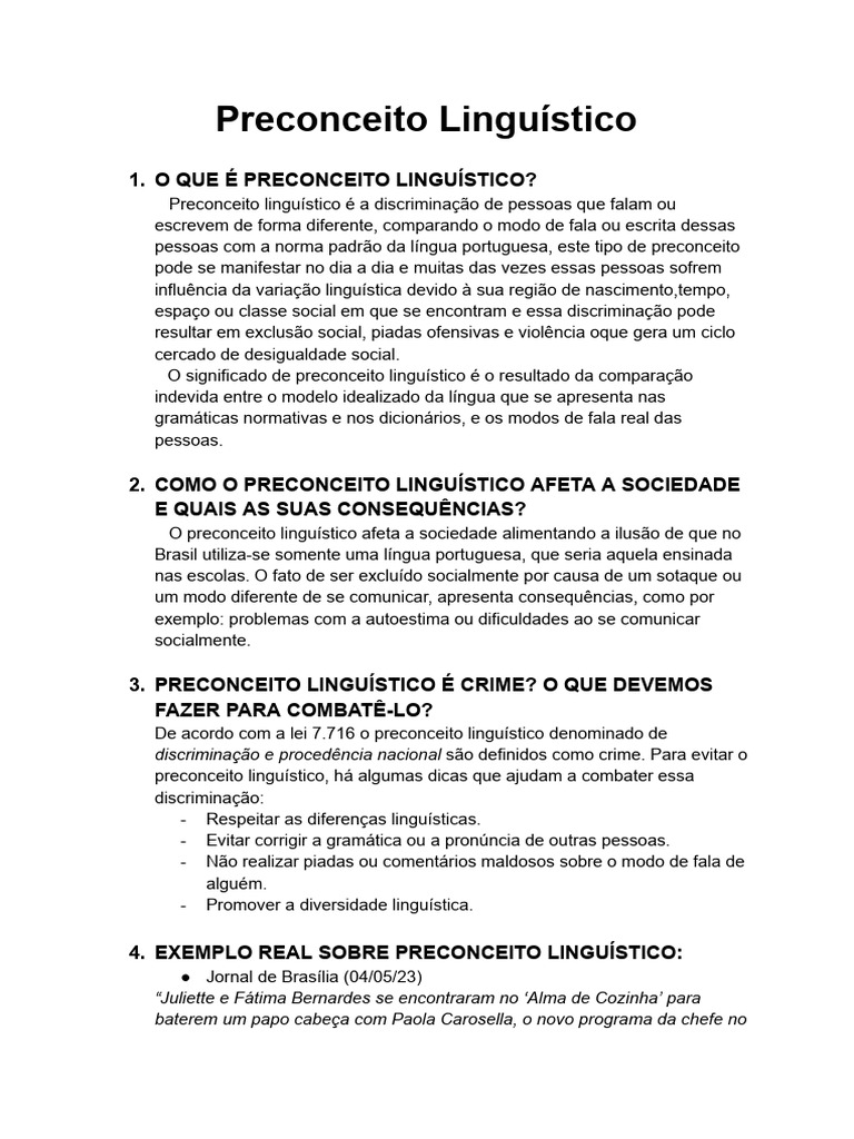 Preconceito Linguístico | PDF | Linguística | Palavra