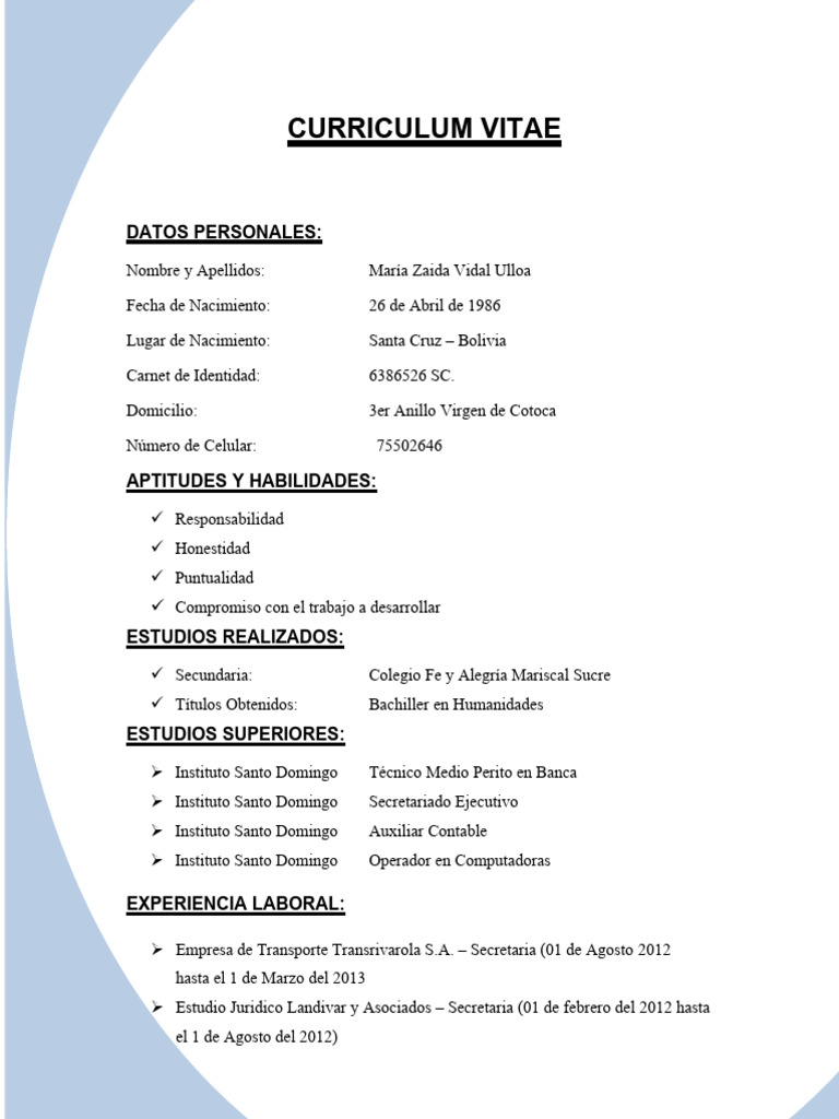 Curriculum Vitae María Zaida Vidal Ulloa | PDF