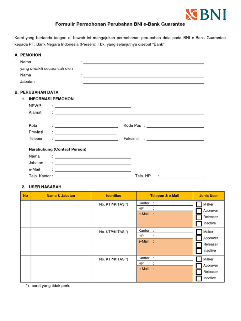 Formulir Permohonan Perubahan BNI e Bank Guarantee V 1 | PDF