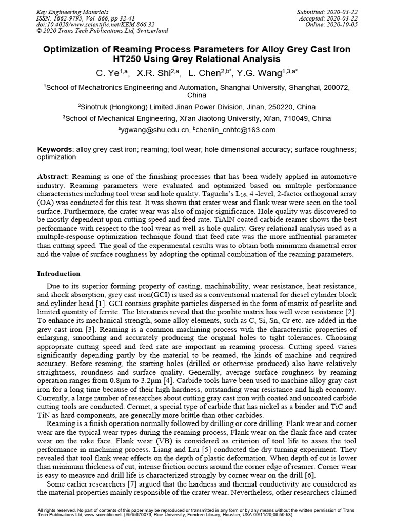 3-Optimization of Reaming Process Parameters For Alloy Grey Cast Iron | PDF | Wear | Machining
