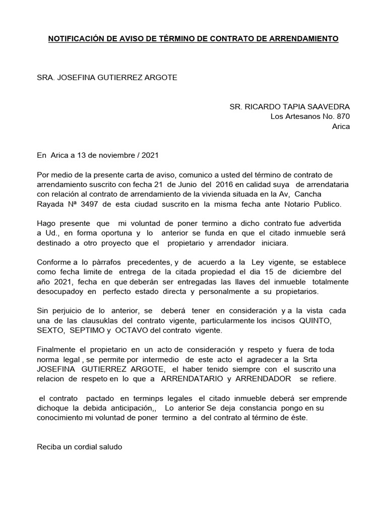 Aviso de Término de Contrato de Arriendo | PDF