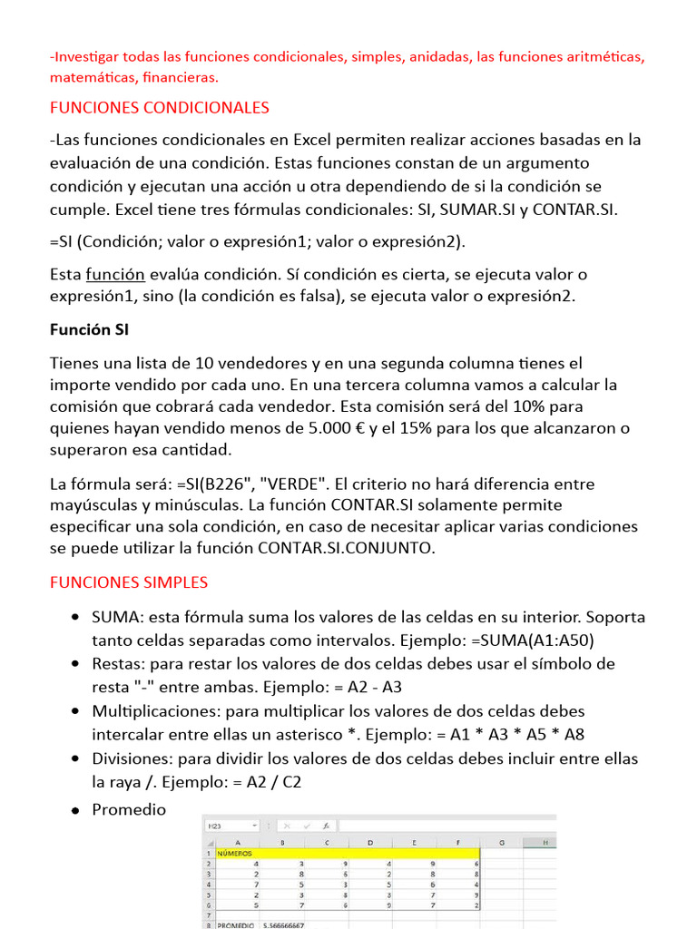Funciones Excel: Condicionales y Más | PDF | Fórmula | Hoja de cálculo