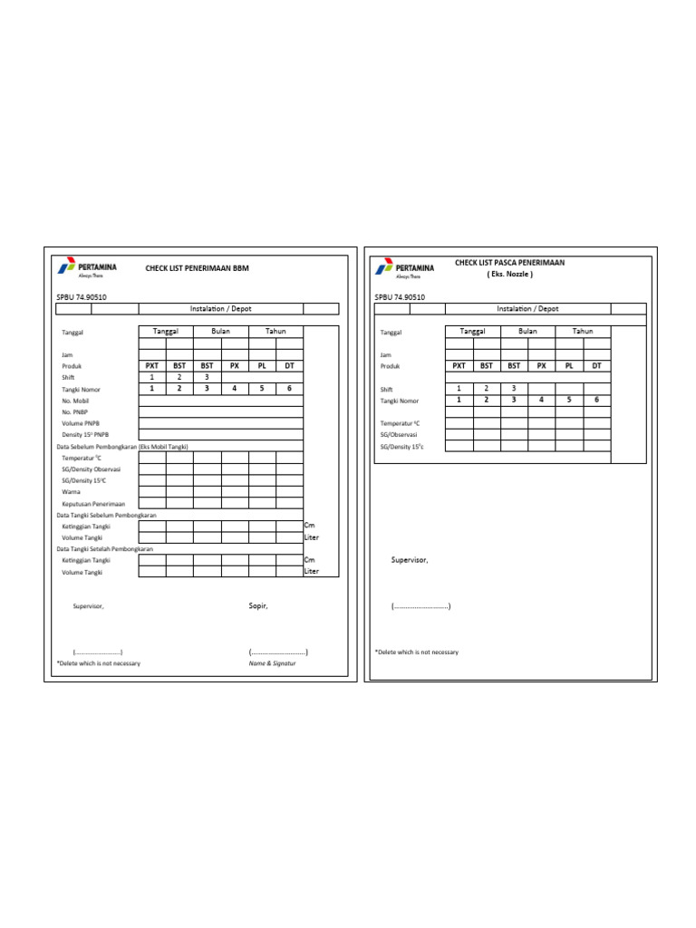 CheckList Penerimaan BBM | PDF