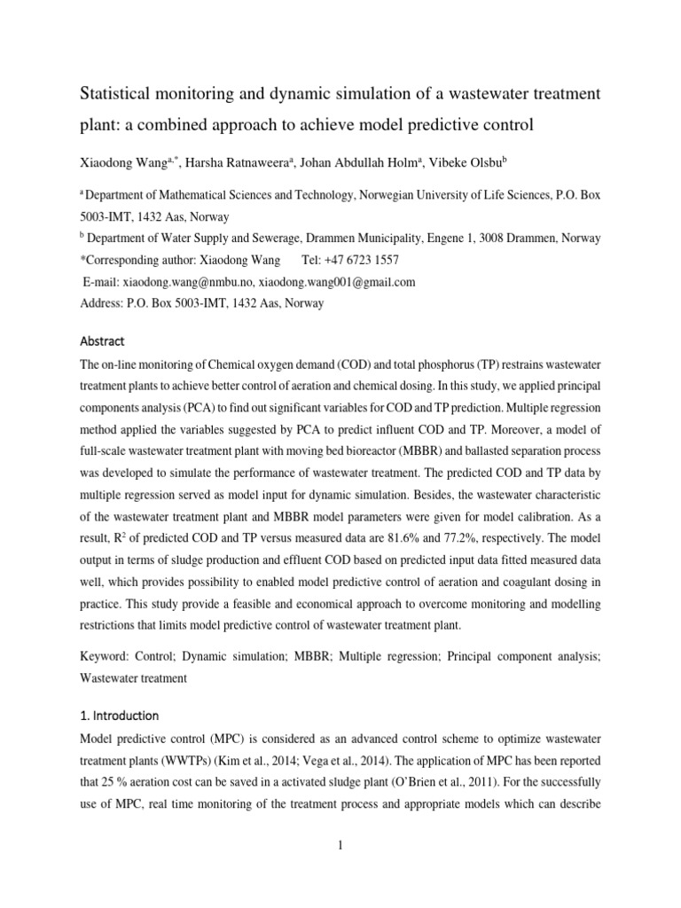 Statistical Monitoring and Dynamic Simulation of A Wastewater Treatment Plant: A Combined ...