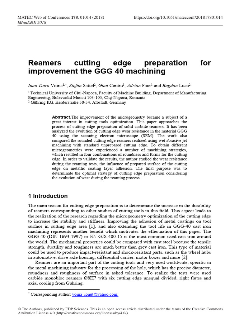 Reamers Cutting Edge Preparation For Improvement The GGG 40 Machining | PDF | Machining | Wear