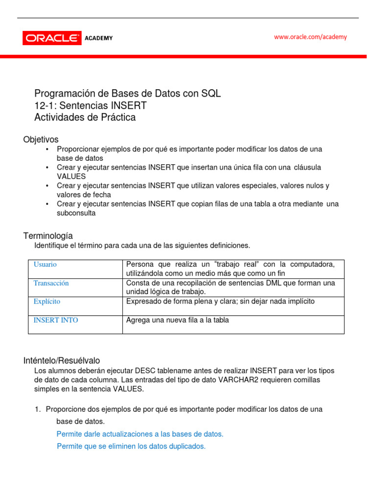 DP 12 1 Practice Esp | PDF | SQL | Software de gestión de datos