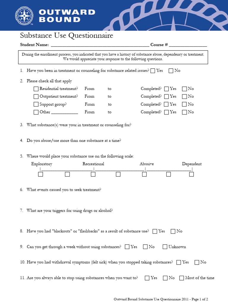 Substance Use Questionnaire BCBOBS | PDF | Substance Abuse | Substance ...