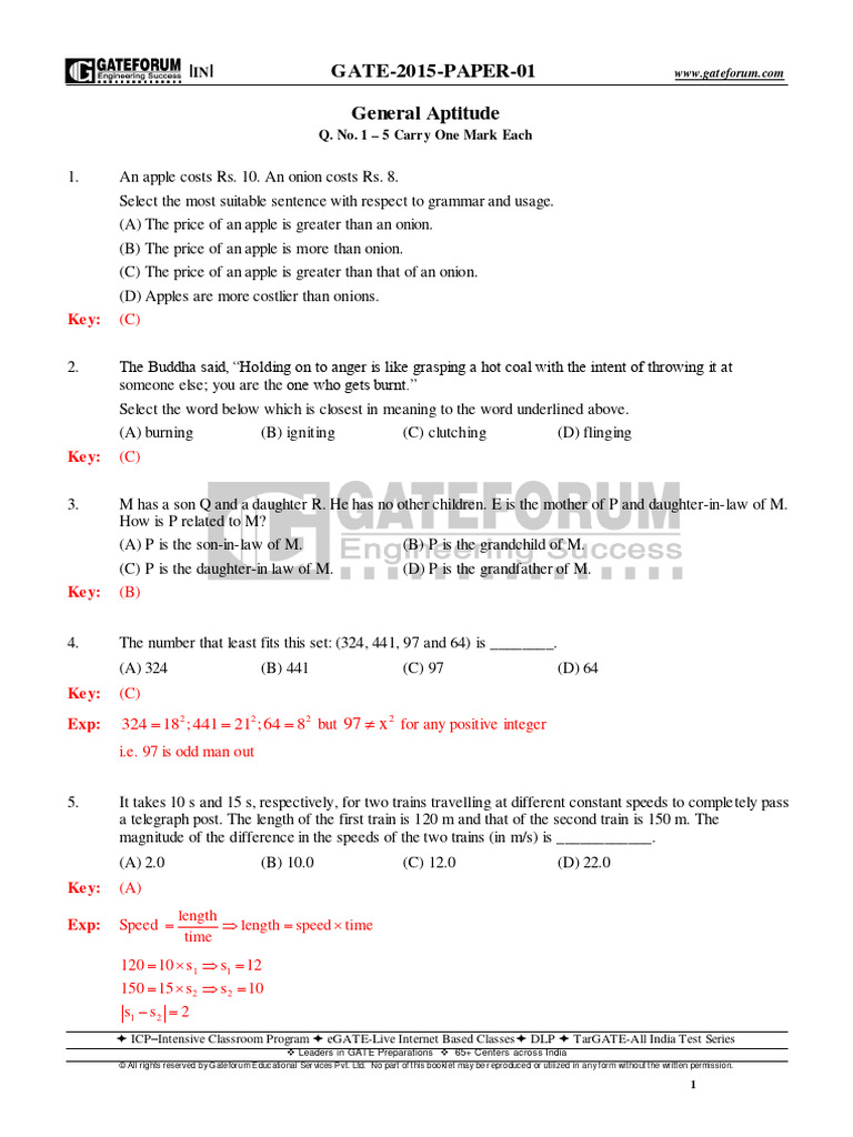 GATE 2015 PAPER 01 General Aptitude | PDF | Electronics | Computer ...