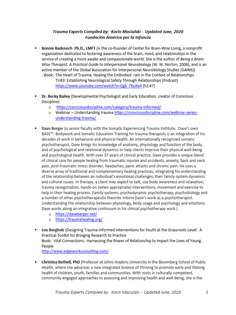Trauma Experts Compiled by - Korin Maciulski - Updated June, 2020 | PDF ...