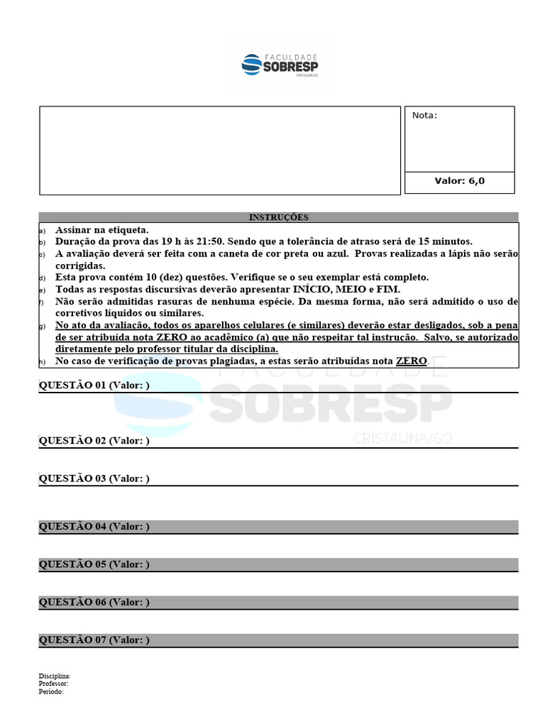 Instruções para Prova da Faculdade SOBRESP | PDF