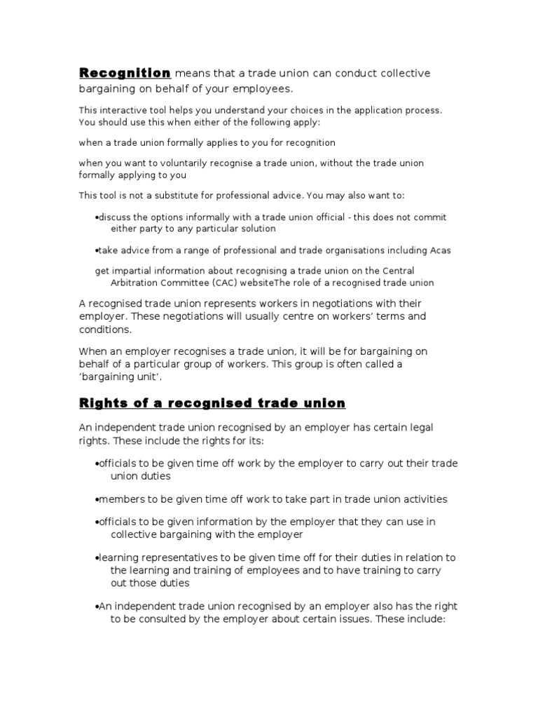 Recognition: Means That A Trade Union Can Conduct Collective Bargaining ...