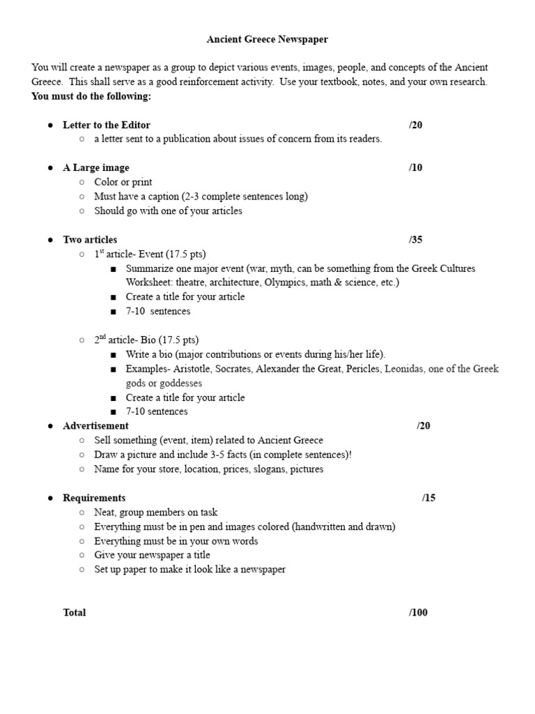 Ancient Greece Newspaper Project | PDF