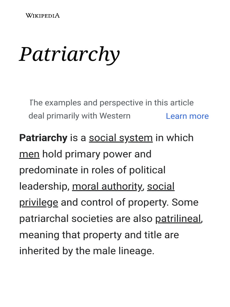 Patriarchy: Patriarchy Is A Social System in Which | PDF | Patriarchy ...