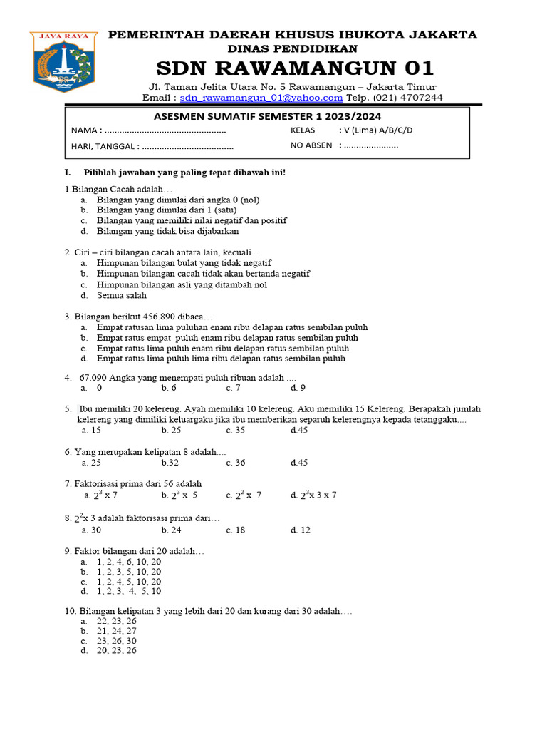 Asesmen Sumatif MTK KLS 5 (1) 2023.2024 | PDF | Metode & Bahan Ajar