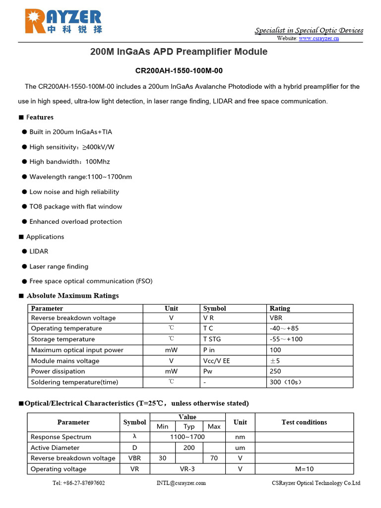 200M Ingaas Apd Preamplifier Module | PDF | Electrical Engineering | Electronics