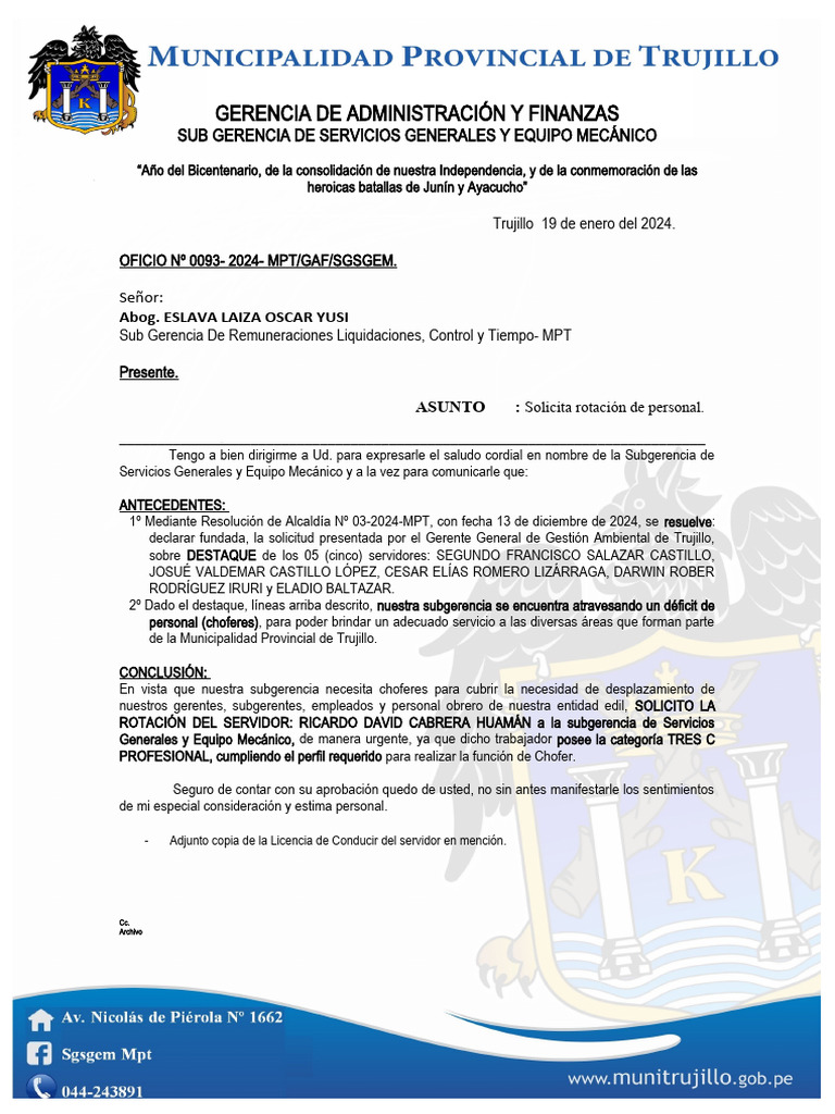 OFICIO #093-2023-SOLICIta Rotacion de Personal | PDF OFICIO #093-2023-SOLICIta Rotacion de Personal | PDF