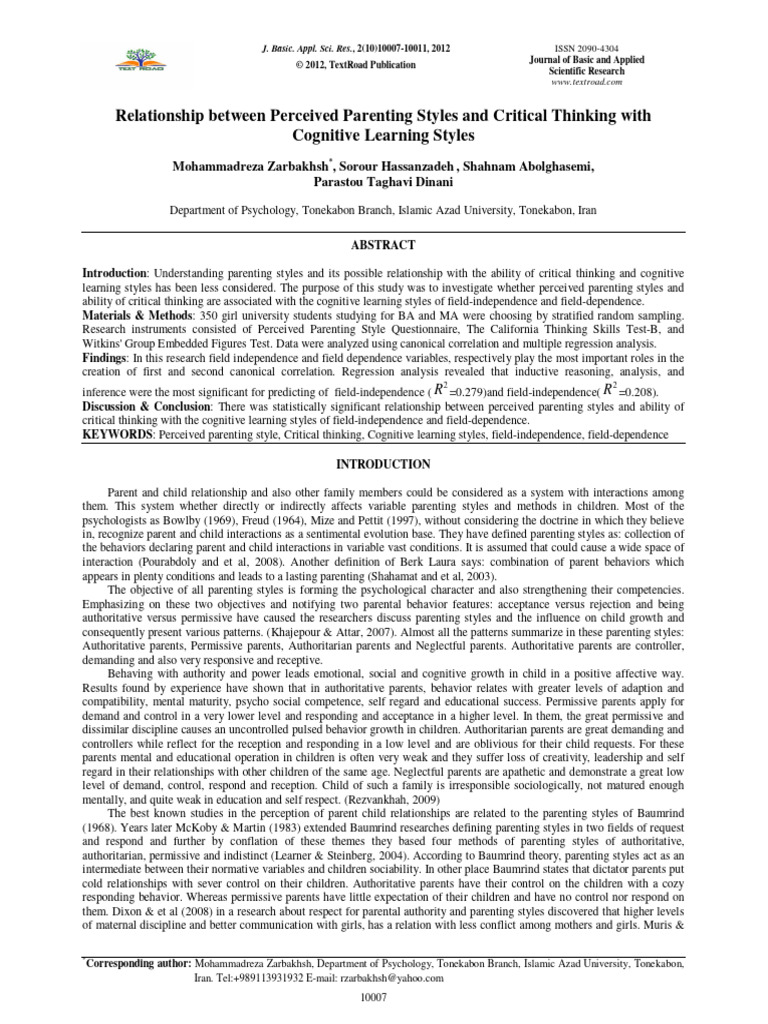 Relationship Between Perceived Parenting Styles and Critical Thinking With Cognitive Learning ...