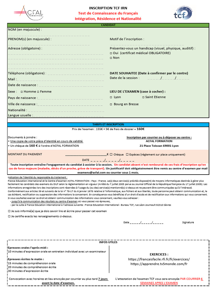 Inscription TCF IRN - ACFAL FORMATION | PDF