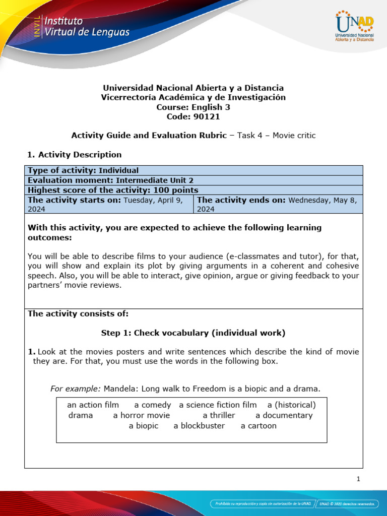 Activity guide and evaluation rubric - Unit 2 - Task 4 - Movie Critic ...
