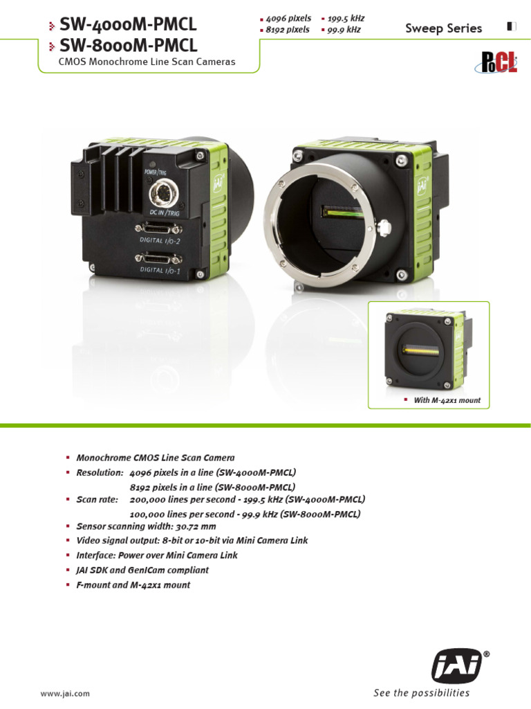 JAI Line Scan Camera Datasheet - SW-4000M-PMCL - SW-8000M-PMCL | PDF | Image Resolution | Pixel